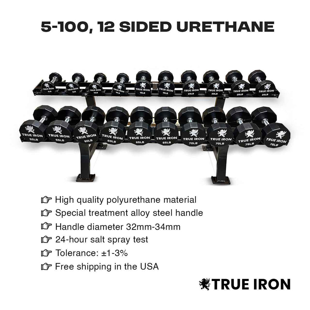 Premium 5-100 12-Sided Urethane Dumbbell Set – True Iron Fitness