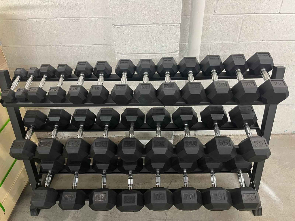 5-100 lb Rubber Hex Dumbbell Set with Rack - Premium Quality – True ...